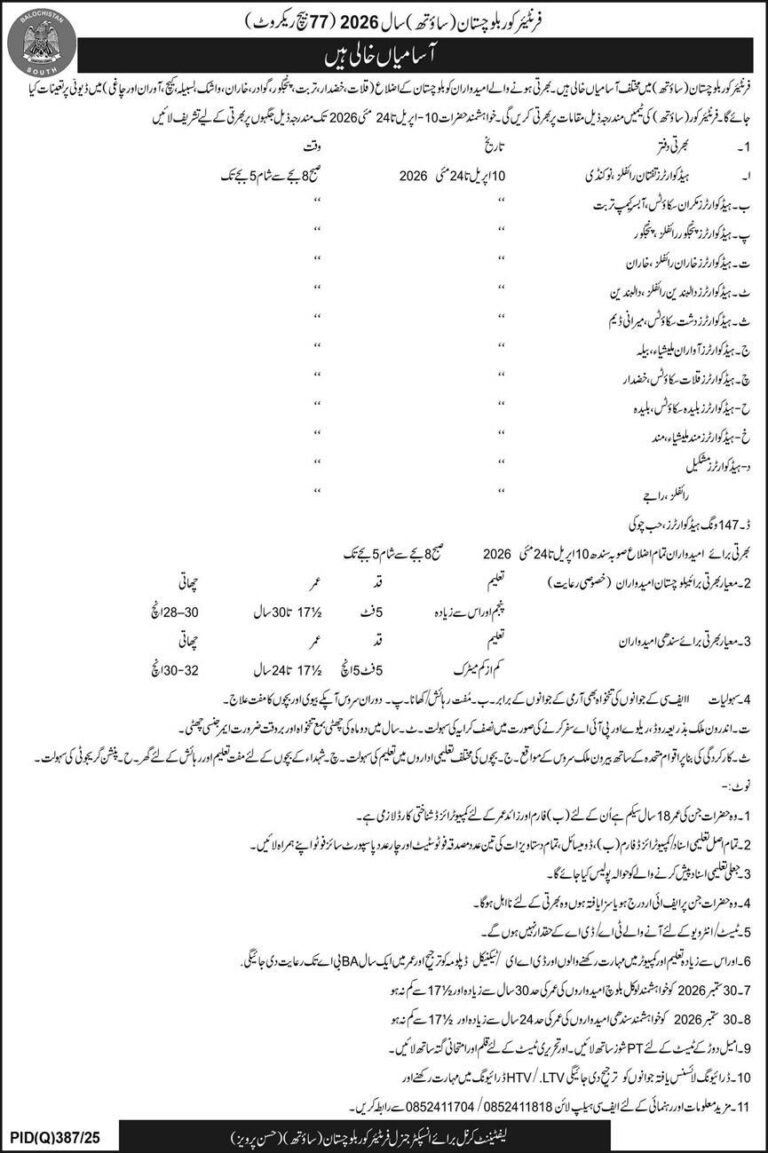 FC Balochistan South Jobs 2026 Batch 77 | Apply Now | Latest Jobs In ...