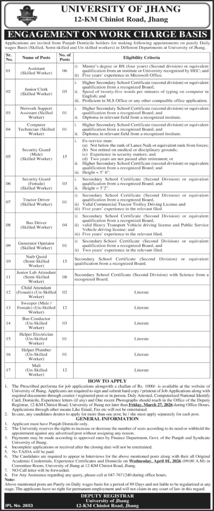 University Of Jhang Jobs 2026 Daily Wages Vacancies | Latest Jobs In ...